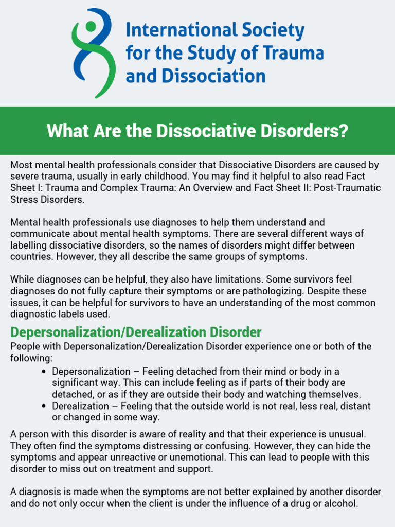 Fact Sheet IV What Are The Dissociative Disorders 1 | PDF ...