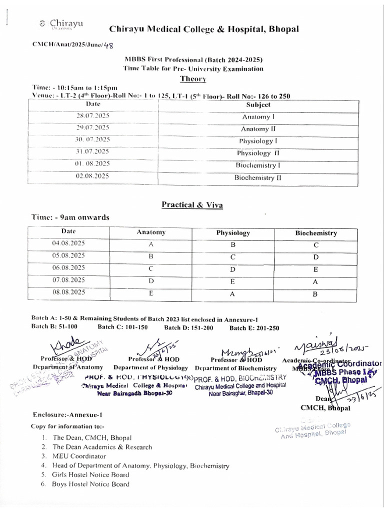 MBBS 1st Professional Batch 2024 PU Exams Time Table | PDF