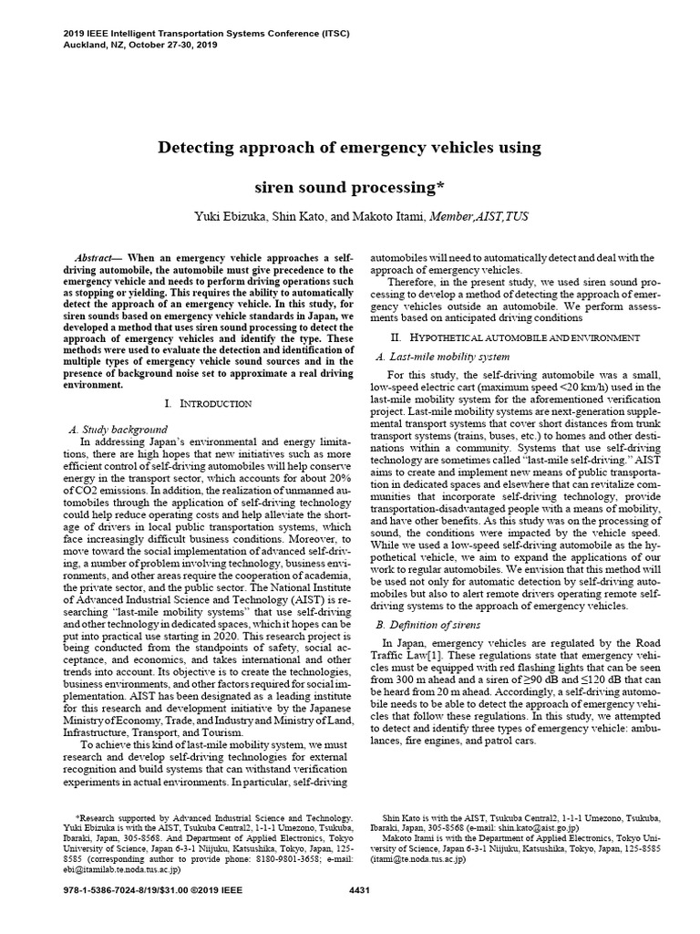 Detecting Approach of Emergency Vehicles Using Siren Sound Processing | PDF | Car | Transport