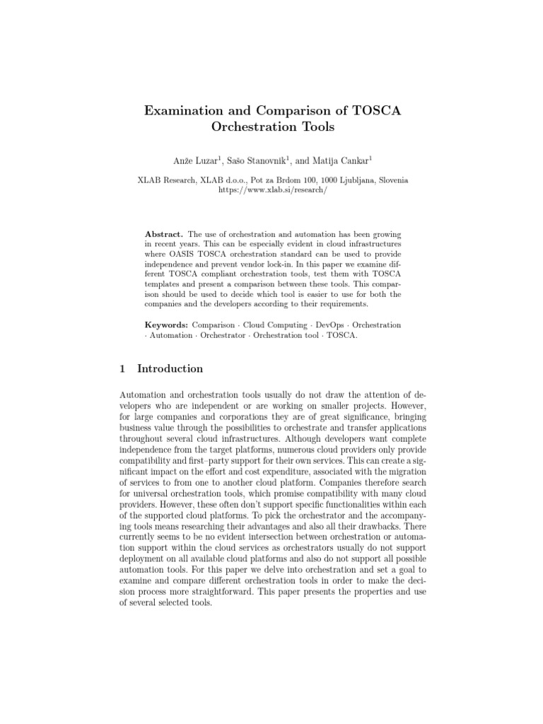 Examination and Comparison of TOSCA Orchestration Tools | PDF | Cloud ...
