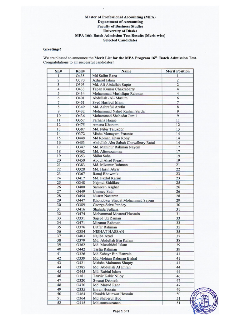 MPA 16th Batch Admission Test (Selected Candidates) | PDF