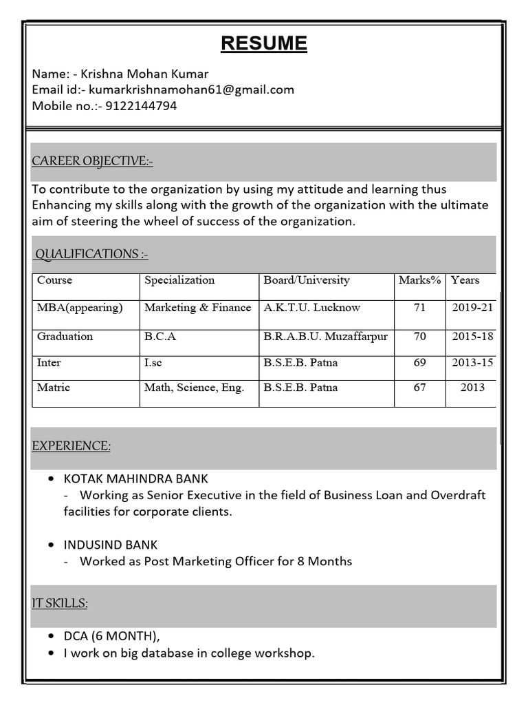 Krishna Mohan Kumar's Resume Summary | PDF