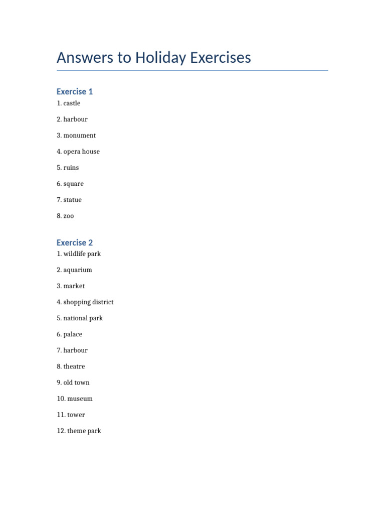 Holiday Exercises Answers | PDF