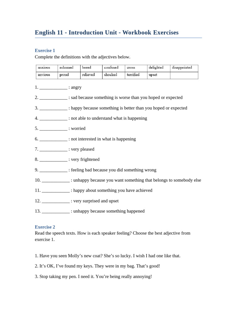 English 11 Workbook: Adjective Exercises | PDF