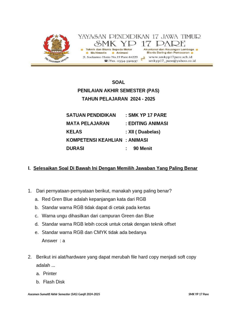 Soal PAS Editing Animasi SMK 2024-2025 | PDF