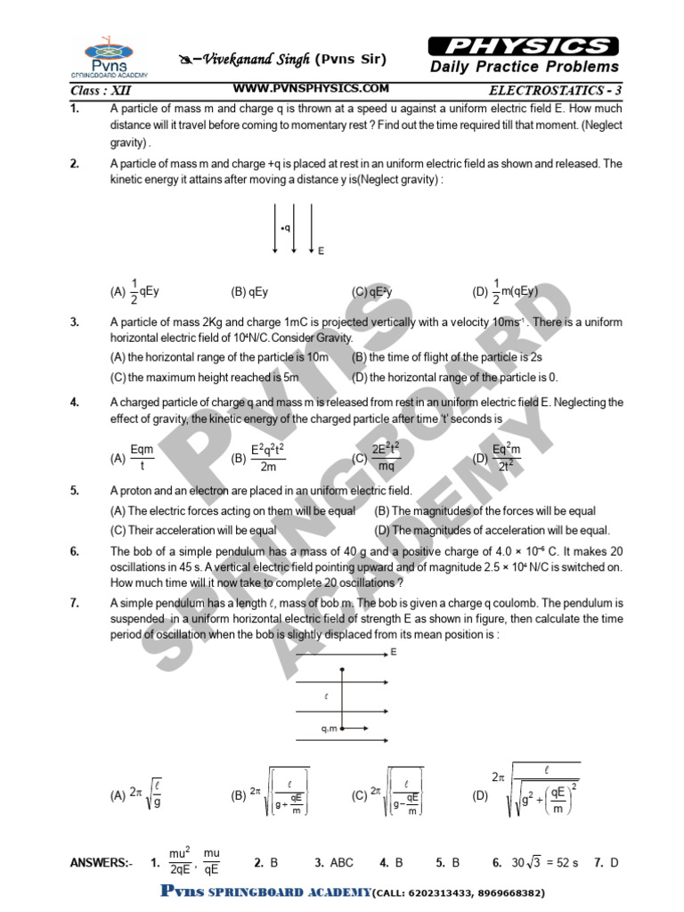 DPP ELECTROSTATICS 3 Dtnxftpbjftukrxlnalb | PDF | Electric Field | Mass