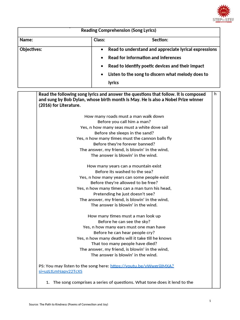 Comprehension of Song Lyrics VII HW - 2nd Maydocx | PDF