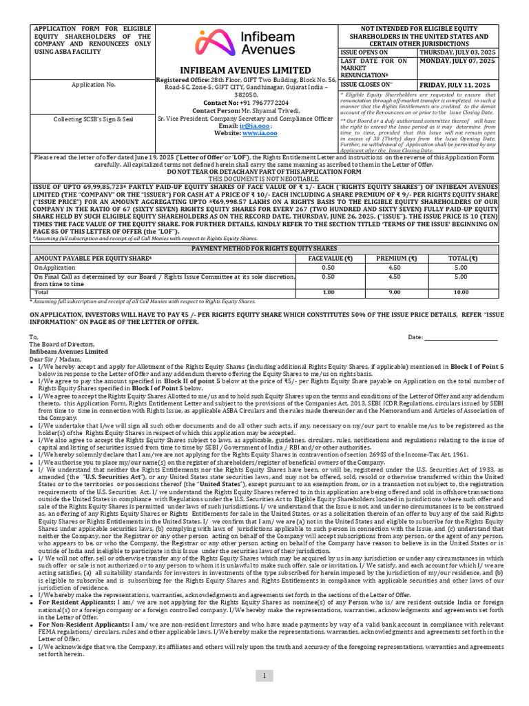Infibeam Avenues Rights Issue Application | PDF | Securities (Finance ...