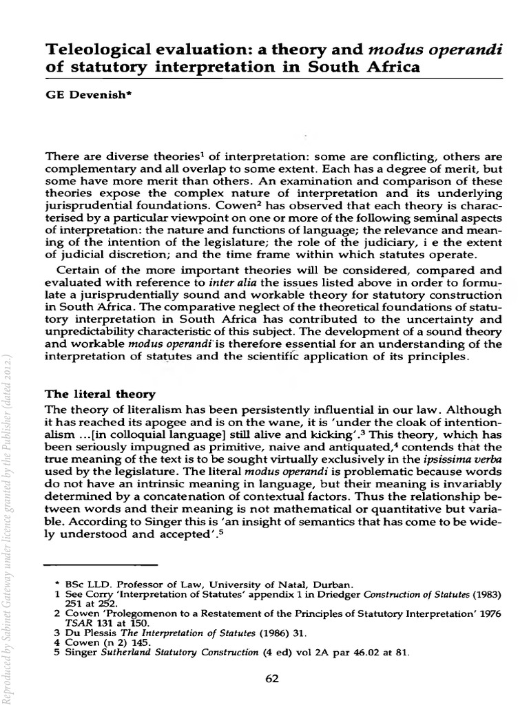 Article by Devenish-1991-Teleological-Evaluation-A-Theory-And-Modus-Operandi-Of-Statutory ...