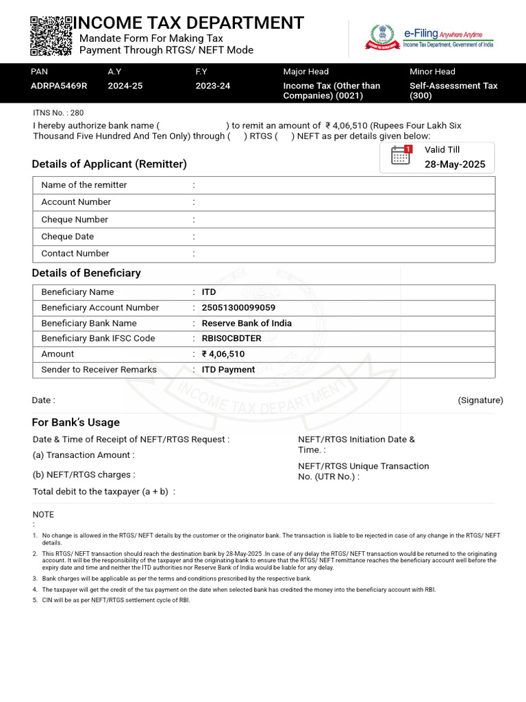 Income Tax RTGS Payment Mandate Form | PDF | Financial Services ...