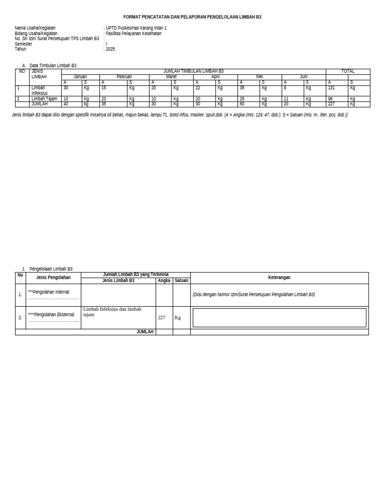 Format Pencatatan Dan Pelaporan Pengelolaan Limbah b3 2025 | PDF