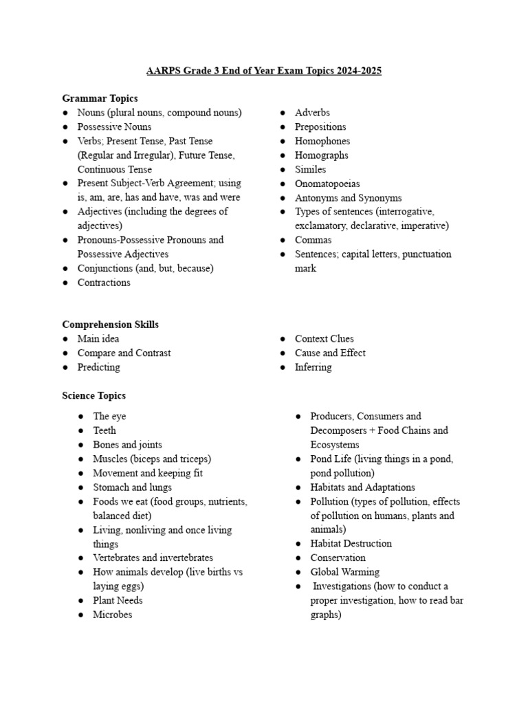 AARP Grade 3 Exam Topics 2024-2025 | PDF | Caribbean | Grammatical Tense
