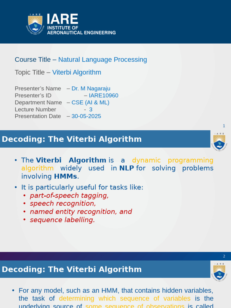 NLP Mod5 Lec2 Viterbi Algorithm | PDF | Applied Mathematics | Algorithms