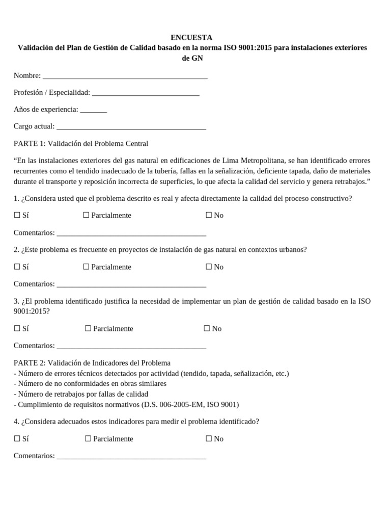Encuesta Validacion Problema Indicadores GN | PDF