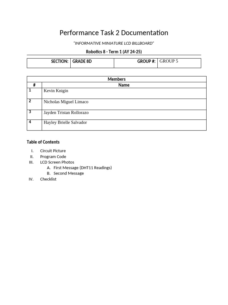 G5 - ROB8 - Term1 Perf Task 2 Documentation Template | PDF | Software Engineering | Computer ...