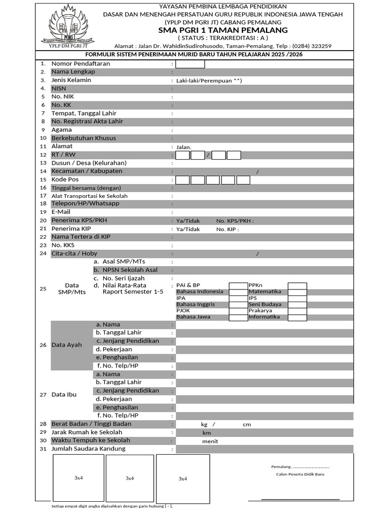 Formulir Pendaftaran Siswa Baru SMA PGRI 1 | PDF
