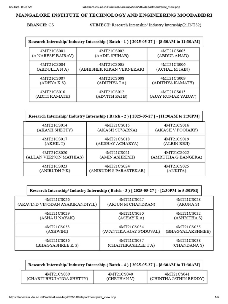 Internship Lab Timetable | PDF