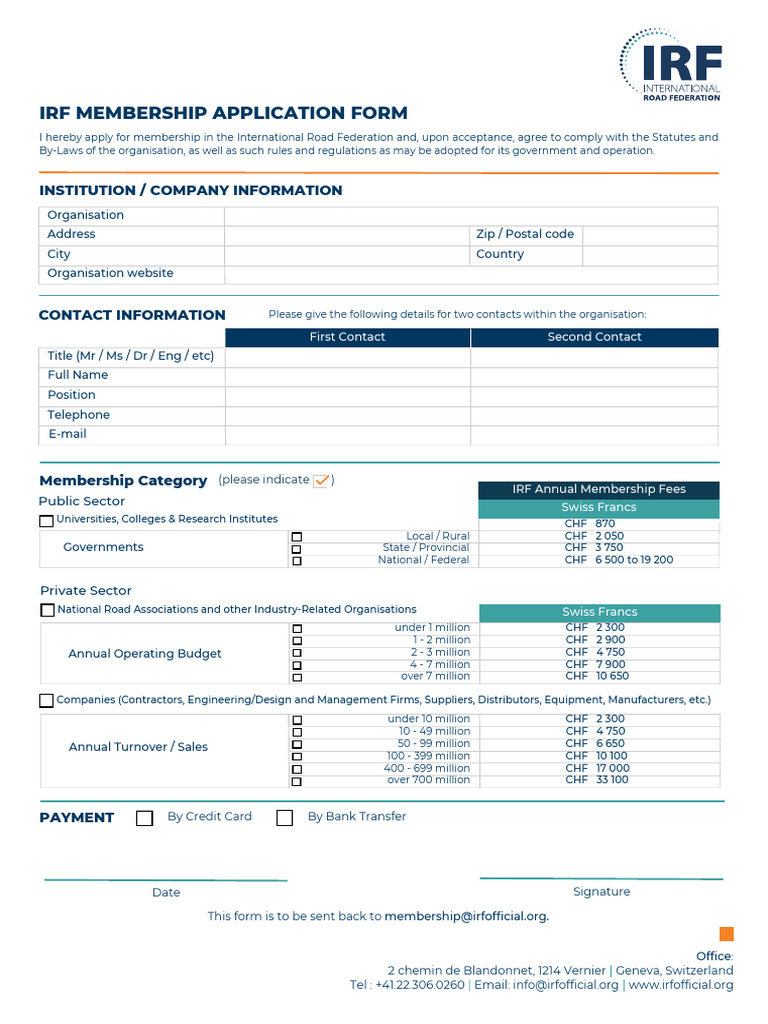 IRF Membership Application Form | PDF | Swiss Franc