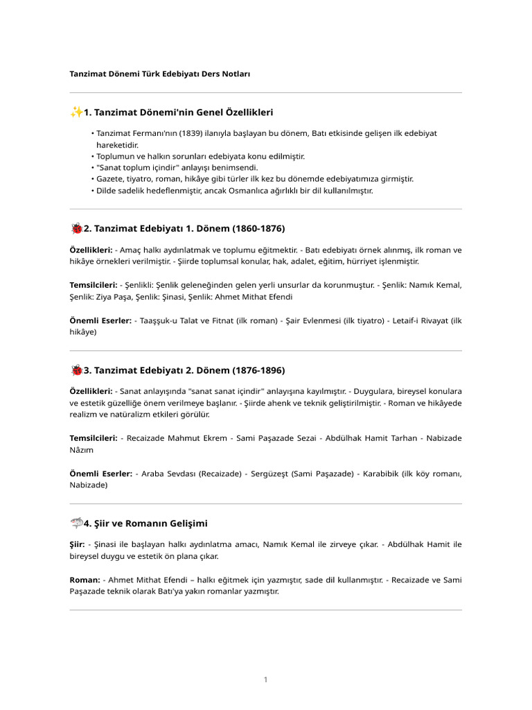 Tanzimat Edebiyat Notlari | PDF