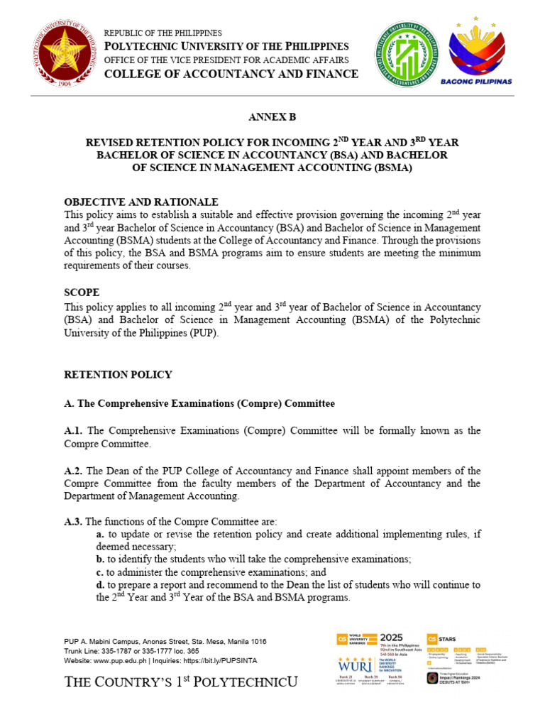PUP Retention Policy for BSA/BSMA 2025 | PDF