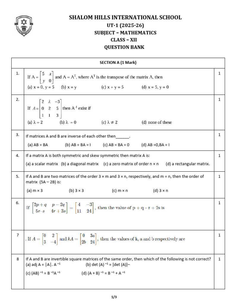 Xii Ut1 Maths QB | PDF | Matrix (Mathematics) | Functions And Mappings