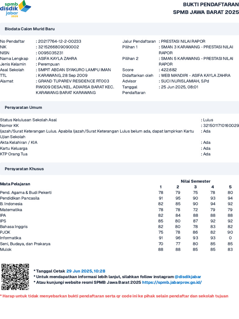 Bukti Pendaftaran - SPMB Jawa Barat 2025 - Asifa Kayla Zahra | PDF