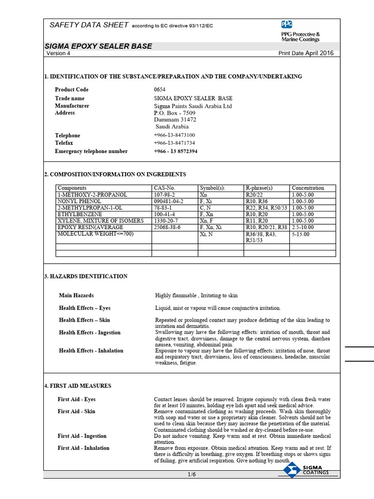 0654 MSDS Sigma Epoxy Sealer Hardener 2 | PDF | Materials