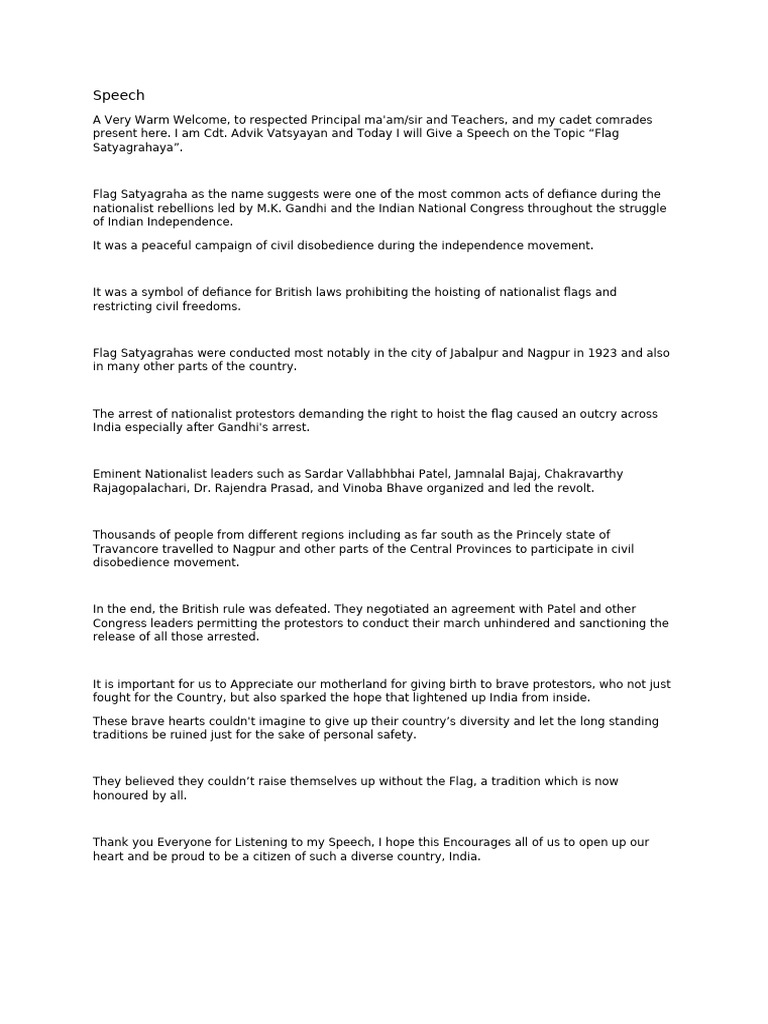 Speech - Flag Satyagrahaya | PDF