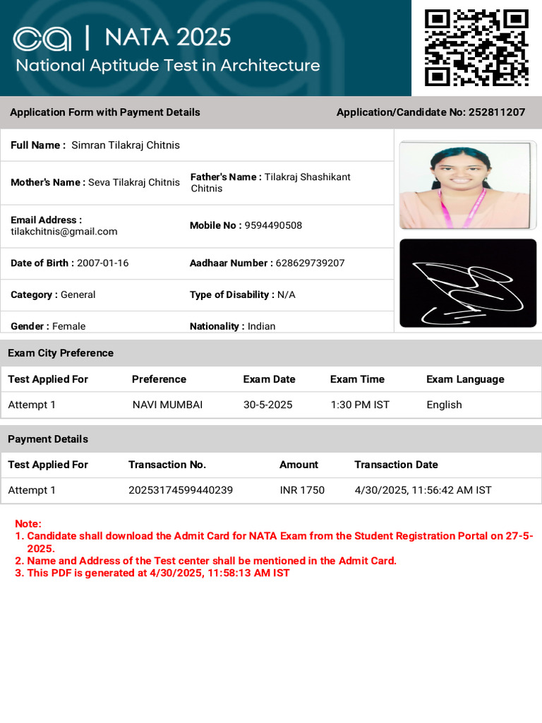NATA Exam Application & Payment Info | PDF