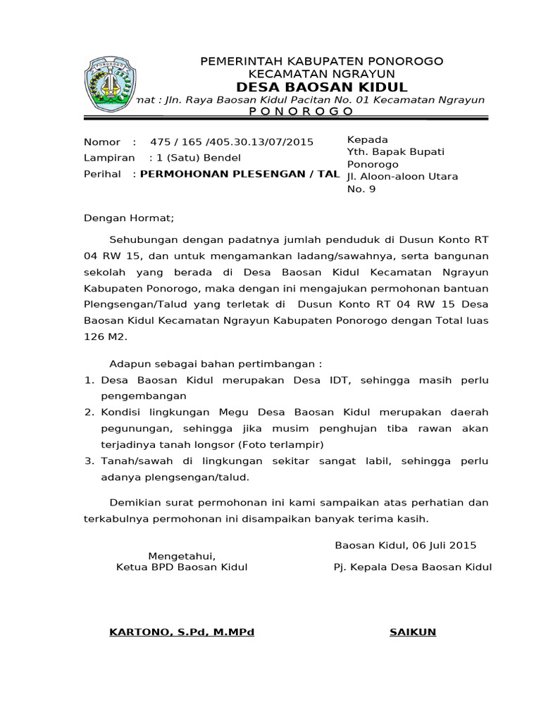 Surat Permohonan BKD Pojok Konto | PDF