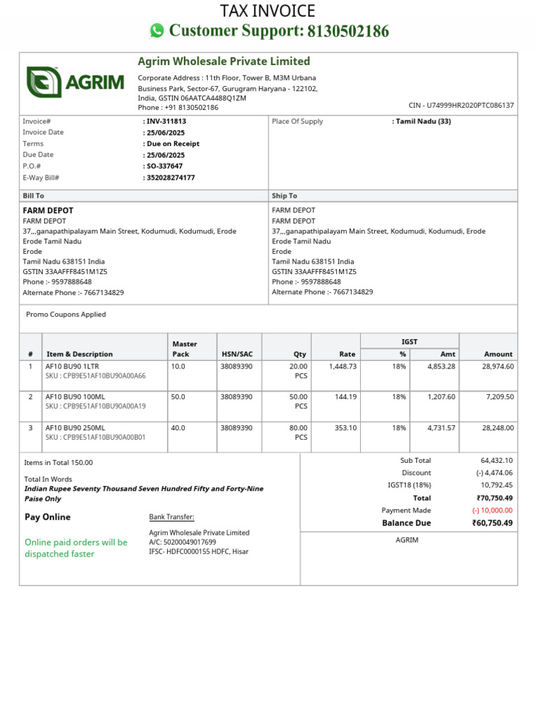 Tax Invoice for Agrim Wholesale Purchase | PDF | Credit | Finance ...