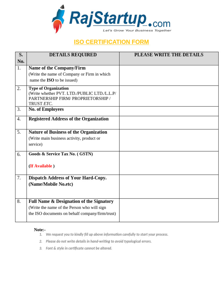 Iso Ceretification Form Rajstartup | PDF