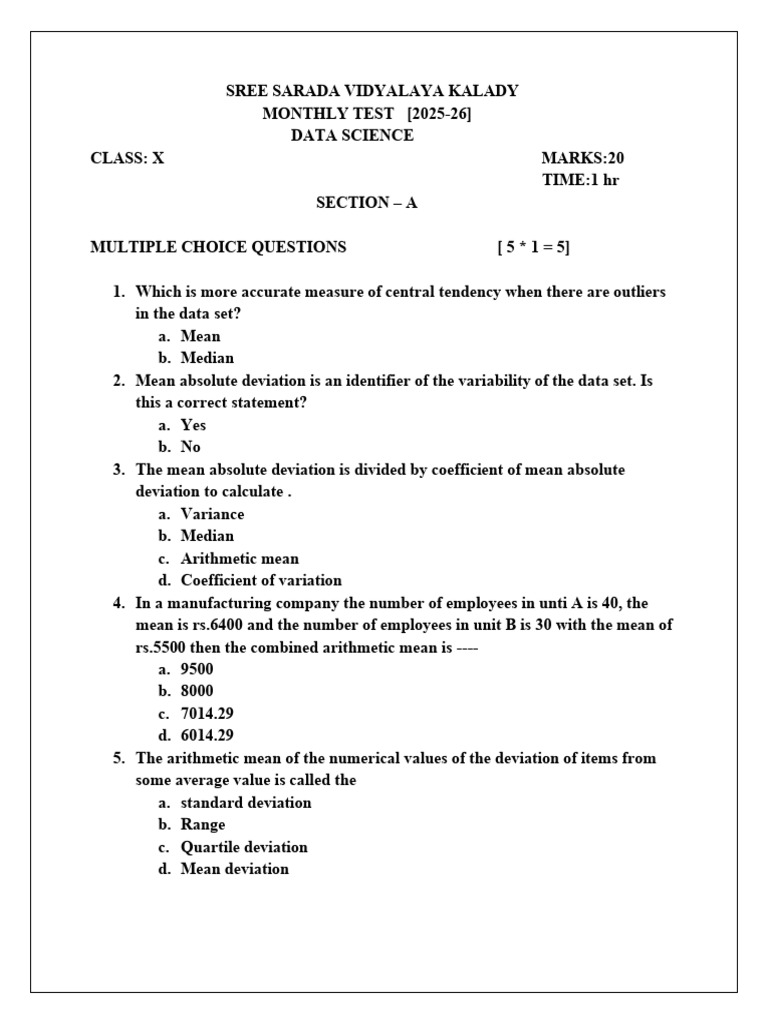 Data Science Monthly Test for Class X | PDF