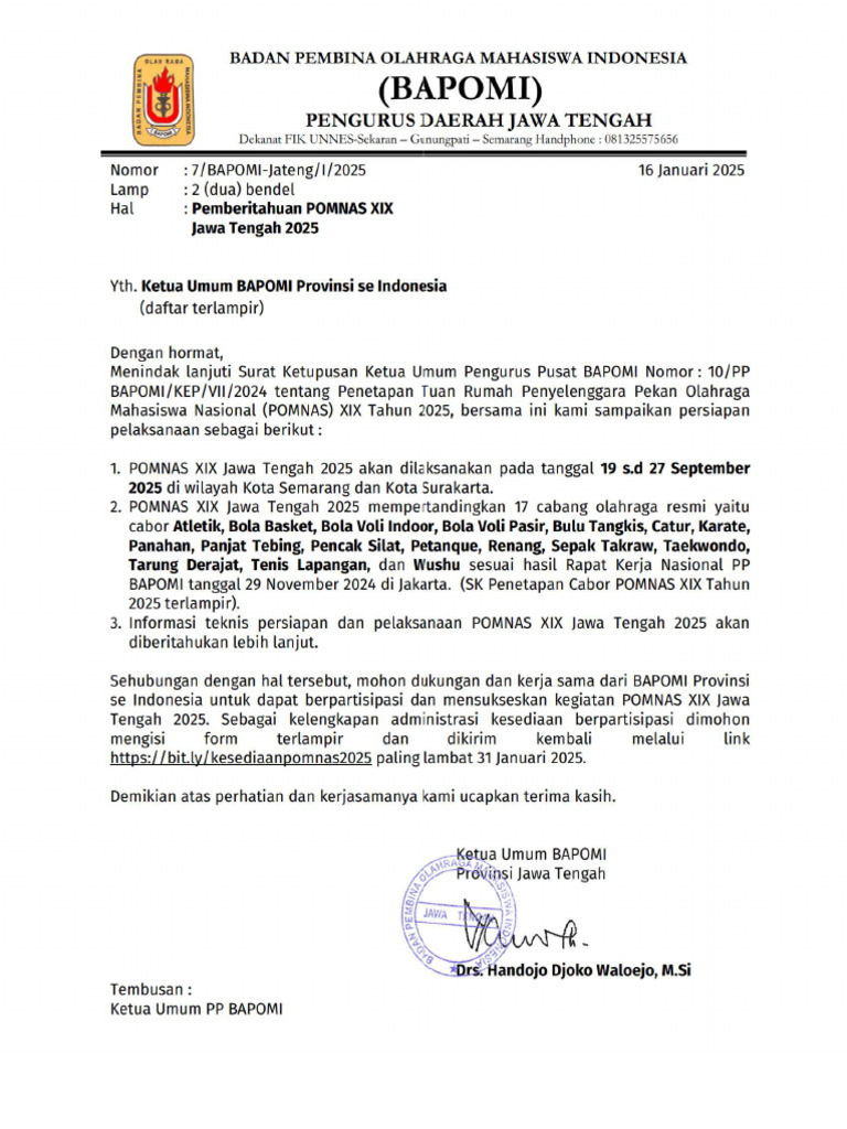 BAPOMI Provinsi Surat Pemberitahuan Pomnas | PDF