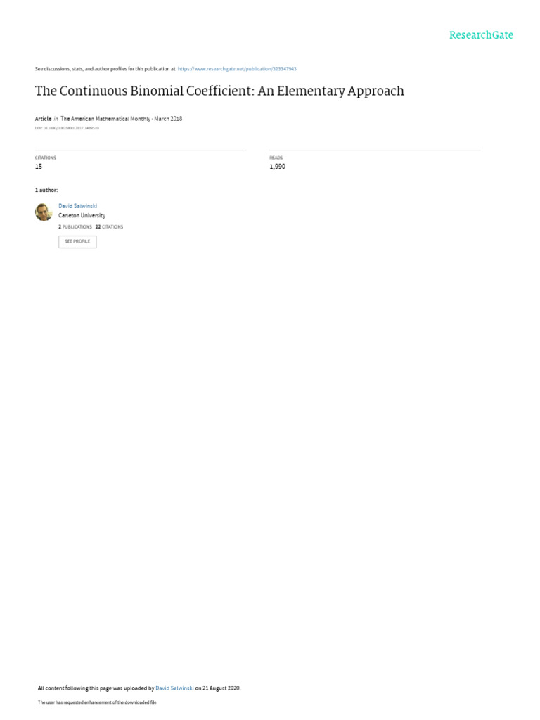 The Continuous Binomial Coefficient An Elementary Approach | PDF ...