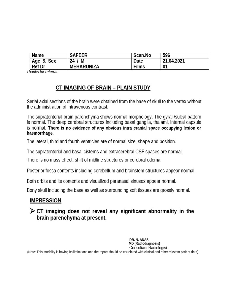 Normal CT Brain Imaging Report | PDF