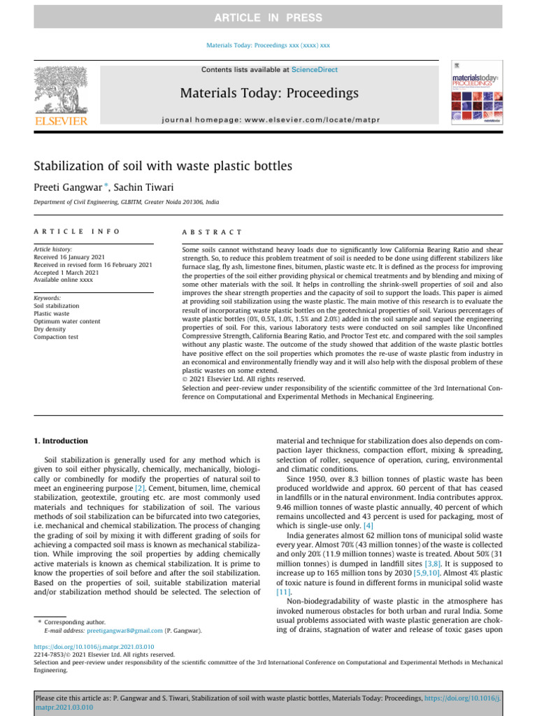 Stabilization of Soil With Waste Plastic Bottles | PDF | Natural ...