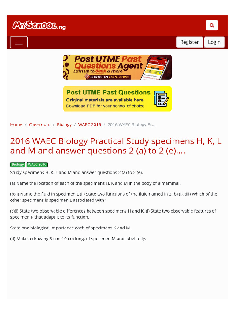 2016 WAEC Biology Practical Study Specimens H, K, L and M and Answer Questions 2 | PDF | Abdomen ...