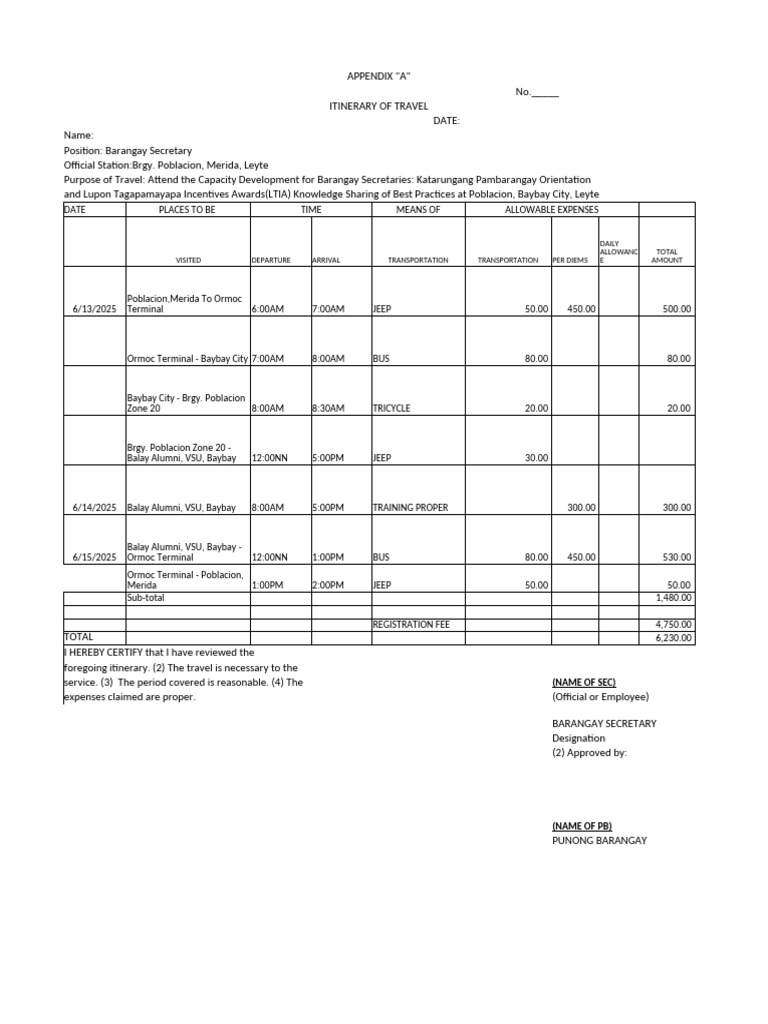 Barangay Travel Itinerary Sample | PDF