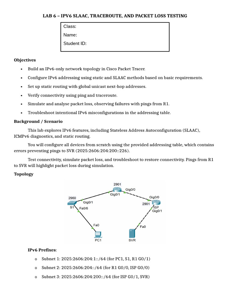Lab 6 - IPv6 SLAAC, Traceroute, and Packet Loss Testing | PDF | I Pv6 ...