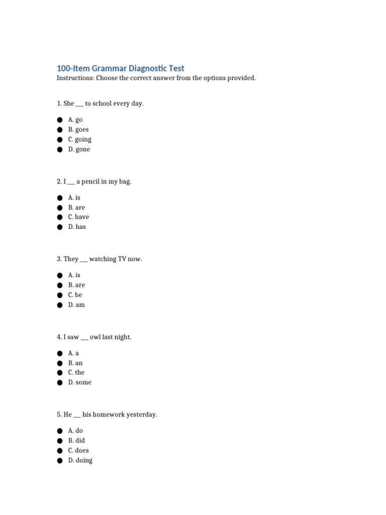 100-Item Grammar Diagnostic Test | PDF