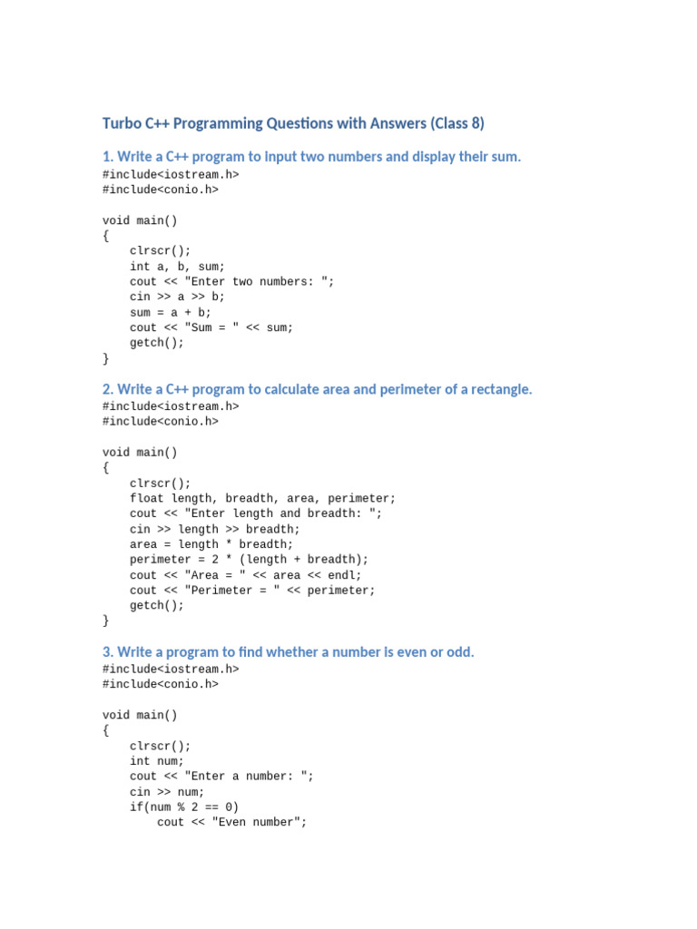 Turbo CPP Programming Questions Class8 | PDF