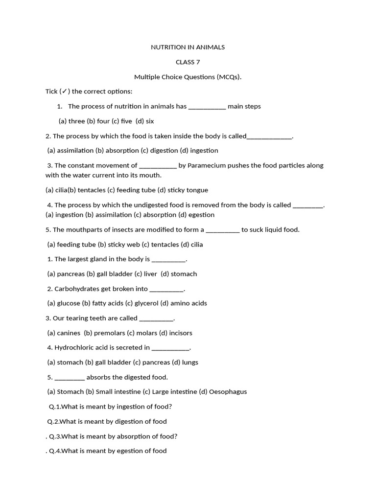 Class 7 Animal Nutrition MCQs and Q&A | PDF | Digestion | Stomach