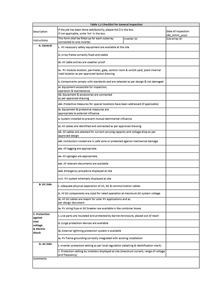 1.2 Checklist For General Inspection | PDF | Photovoltaic System ...