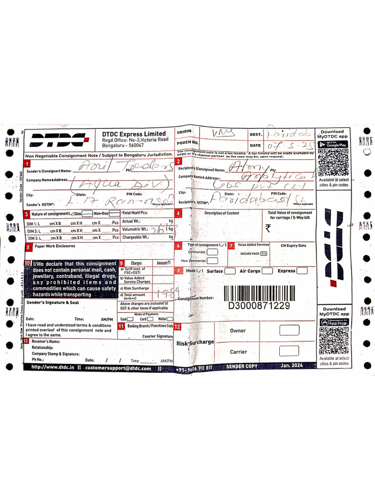 Sample Test Dispatch Courier Receipt - DTDC | PDF