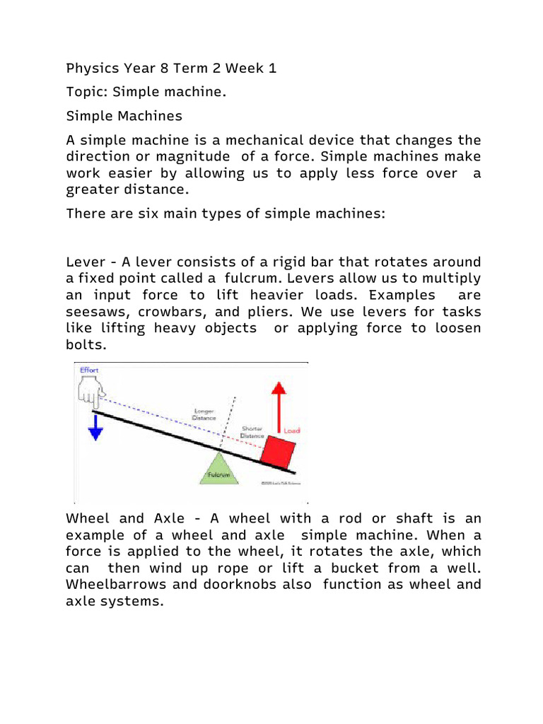 Physics Year 8 Term 2 Week 1 Lesson Note Simple Machines | PDF ...