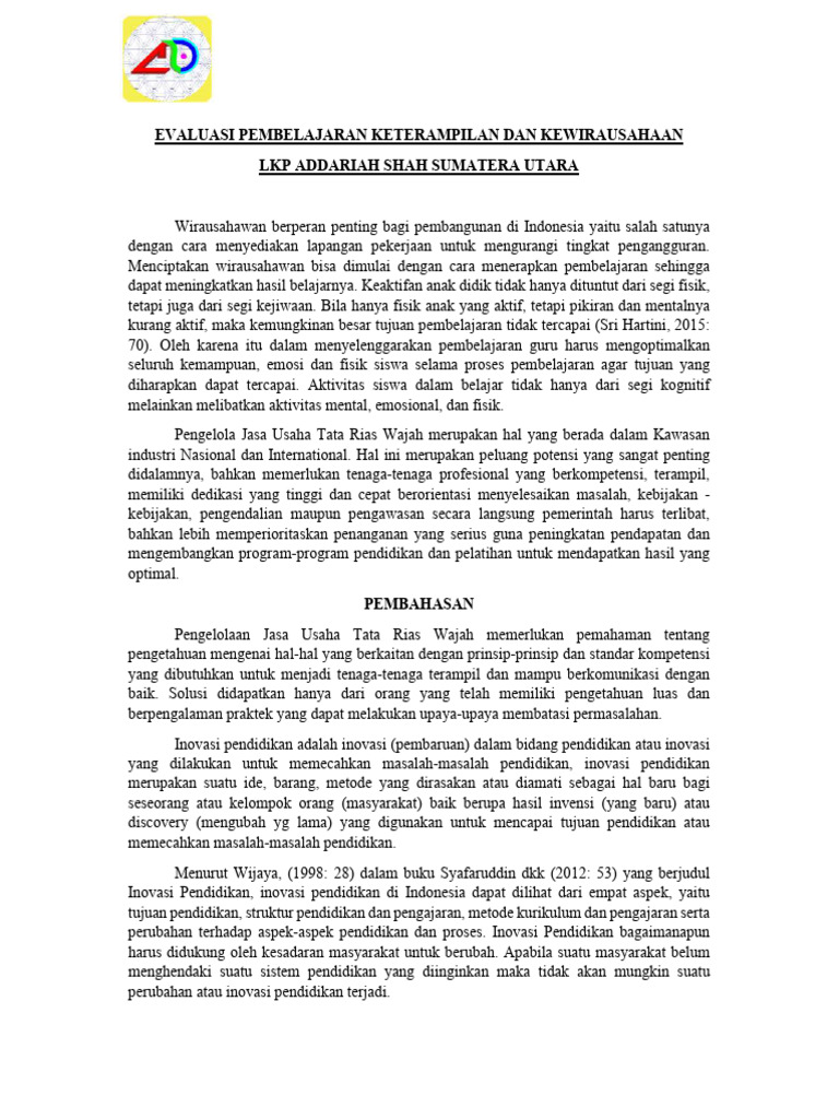 Evaluasi Pembelajaran LKP Addariah Shah | PDF