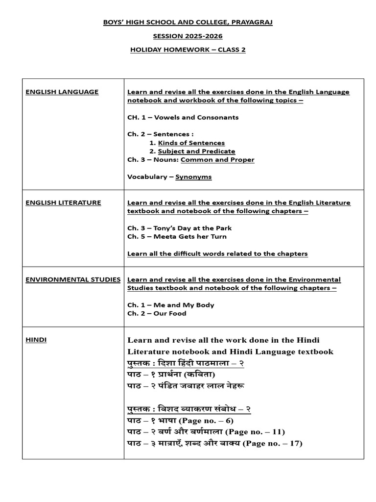 Class 2 Holiday Homework Guide 2025-26 | PDF | English Language | Languages