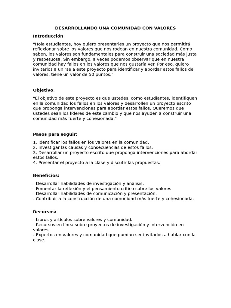 Proyecto de Valores en la Comunidad | PDF
