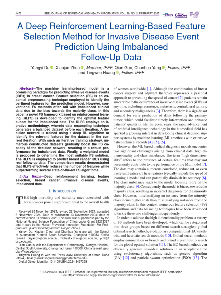 A Deep Reinforcement Learning-Based Feature Selection Method For Invasive Disease Event Pred ...